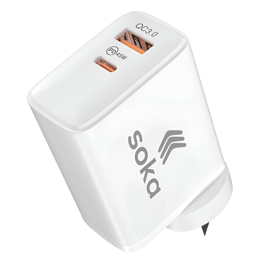 Soka 45W Gan3 Fast Wall Charger Adapter [USB C + USB A] – White – Phone ...